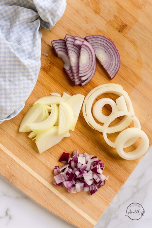 How to cut an onion (4 ways: rings, strips, diced and slices) - A Pinch ...